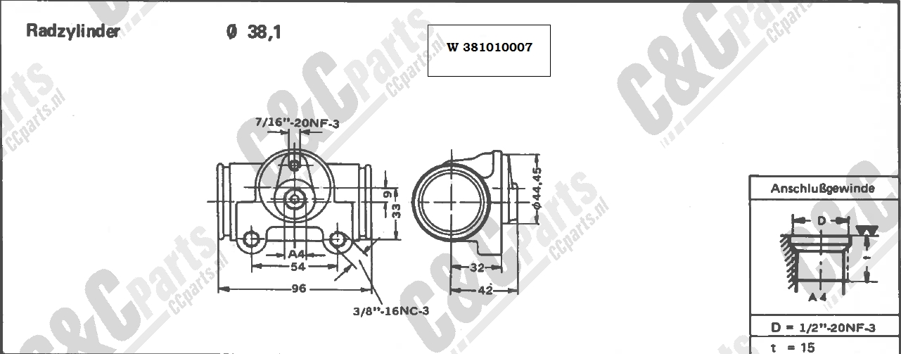 Wheel cylinder inl.1/2-20 piston cone - C&C Parts Remonderdelen